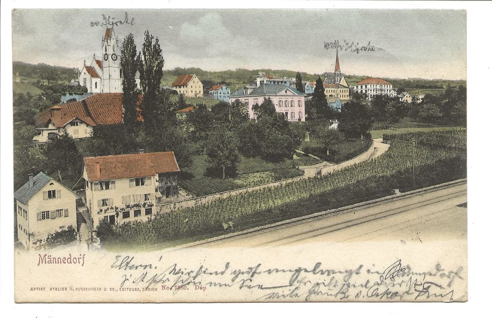 Männedorf (ZH) Dorfpartie mit beiden Kirchen Hand col. 1904 | Kaufen auf Ricardo