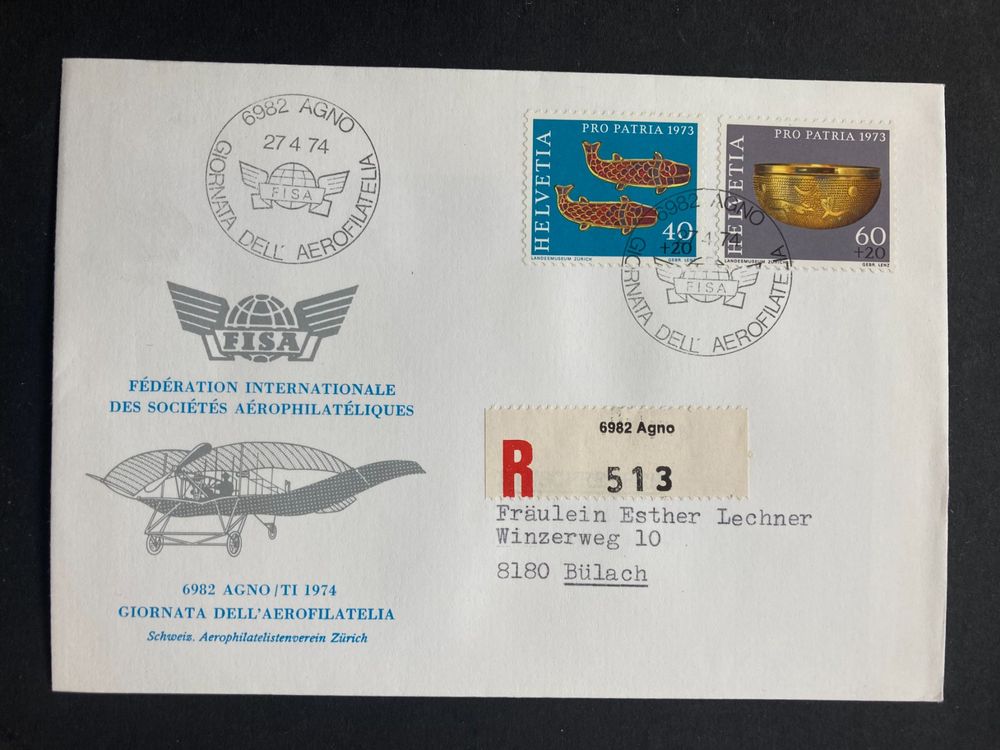 Schweiz 1974 R-Brief Tag der Aerophilatelie Agno (Gebraucht) in Liestal für CHF 2 – mit ...
