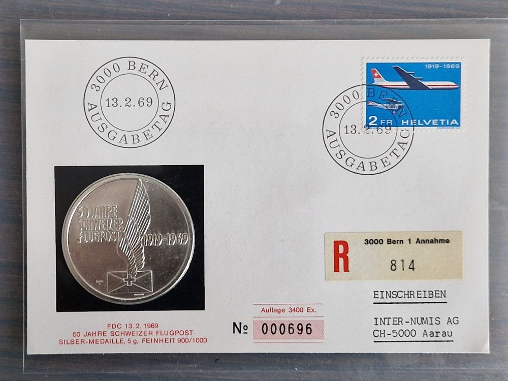 50 jahre Schweizer flugpost siber medalien 5g 900/1000 (Gebraucht) in Chiasso für CHF 5 – mit ...
