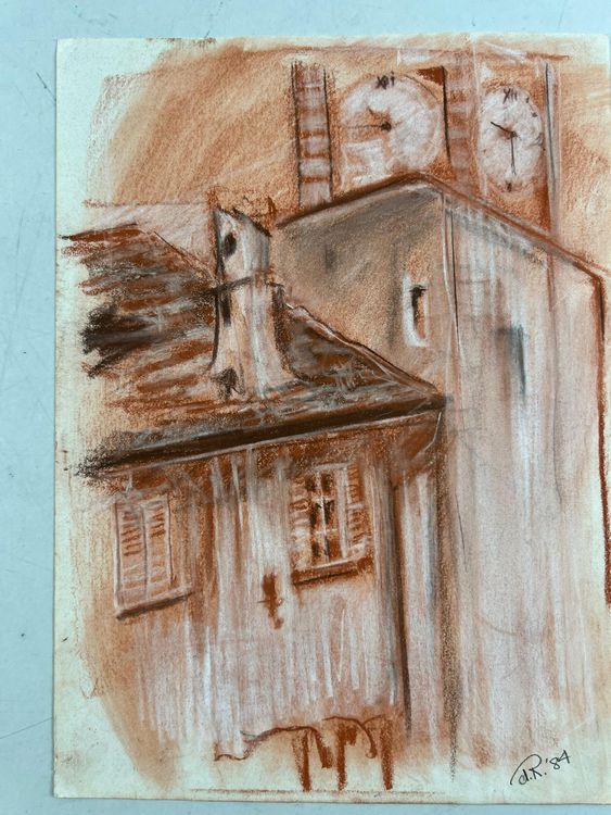 Originale Kohlezeichnung Haus mit Uhrturm signiert datiert (Gebraucht) in Neuhausen am Rheinfall ...