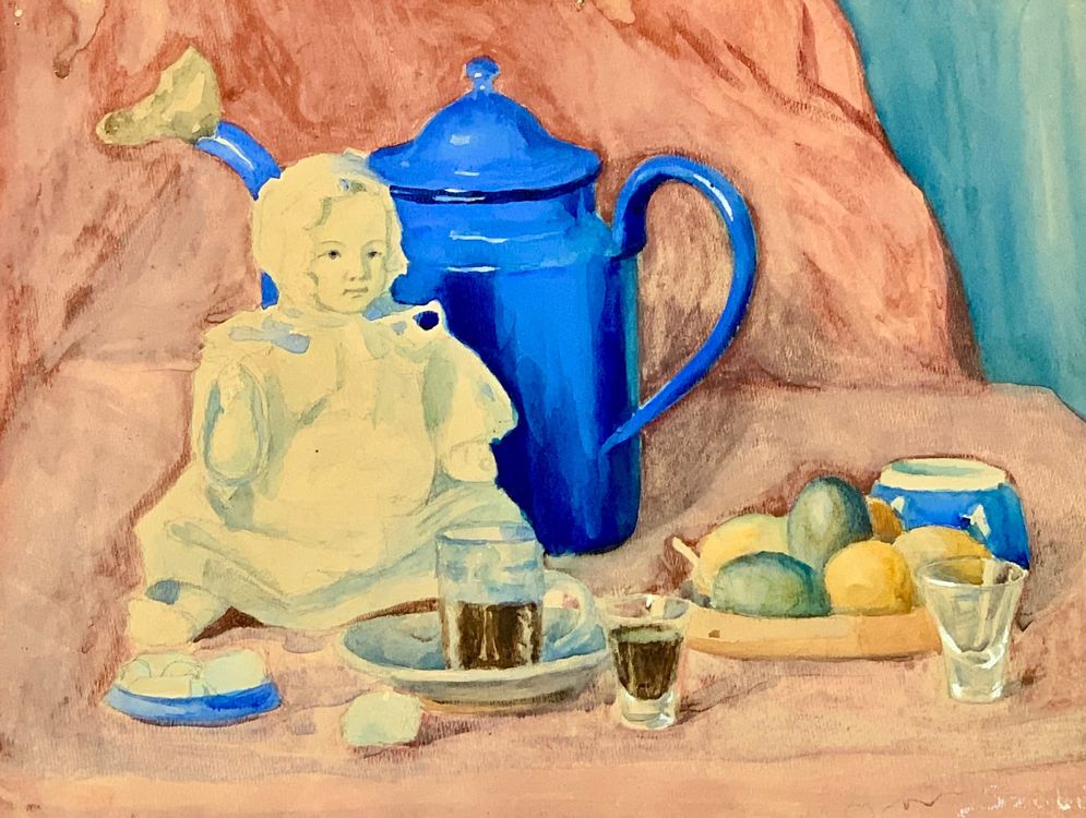 Stilleben Aquarell Blau Kanne unleserlich Signiert | Kaufen auf Ricardo