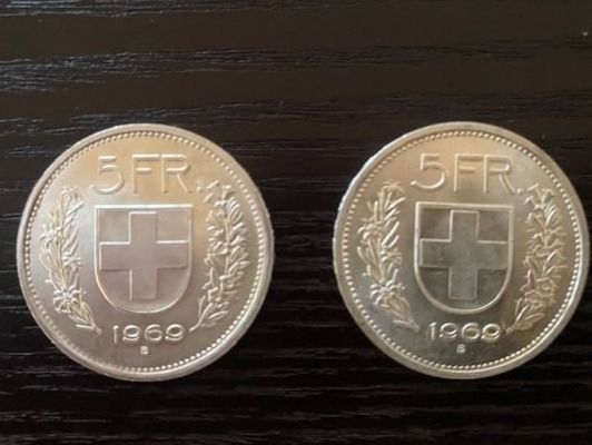 5 Franken Silbermünzen / 2 x 1969 (Gebraucht) in Aarau für CHF 21.5 – mit Lieferung auf Ricardo ...