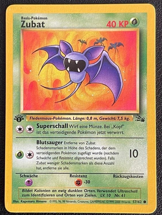 1999 Zubat 57/62 Pokémon Fossil 1st. Edition ab 1 (Neu (gemäss ...