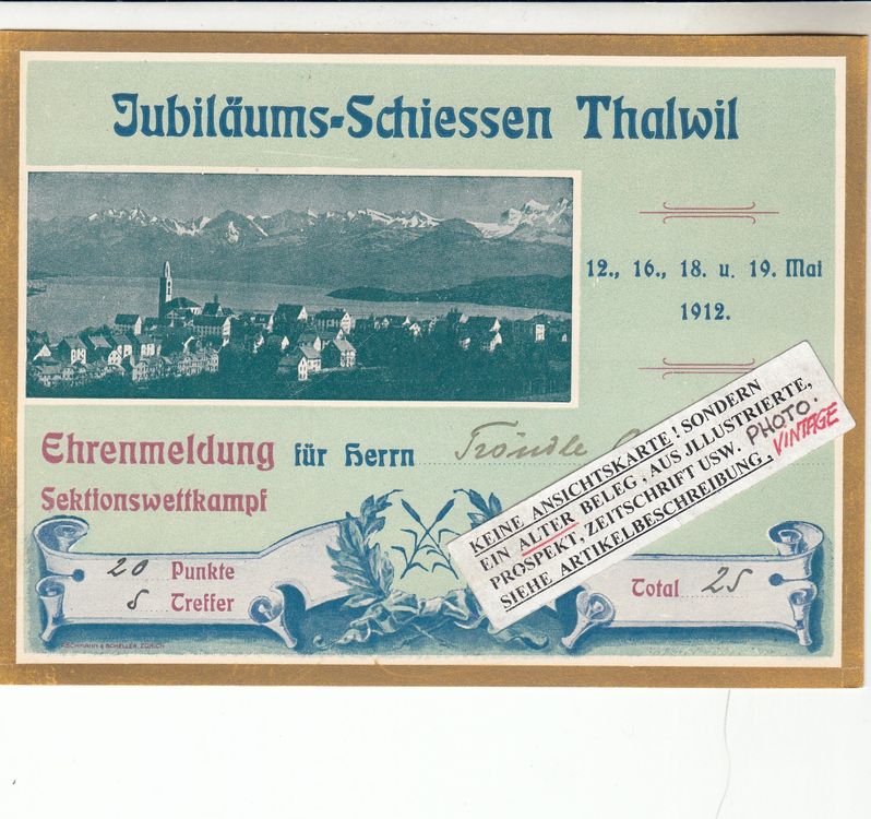 THALWIL ZH, JUBIL, SCHIESSEN 1912 , EHRENMELDUNG (Gebraucht) in Hergiswil NW für CHF 20 – mit ...