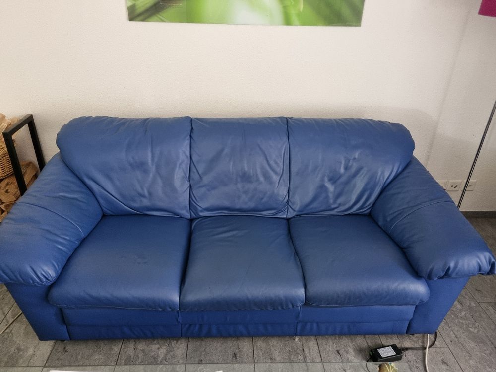 3er Sofa mit Hocker Leder blau | Kaufen auf Ricardo