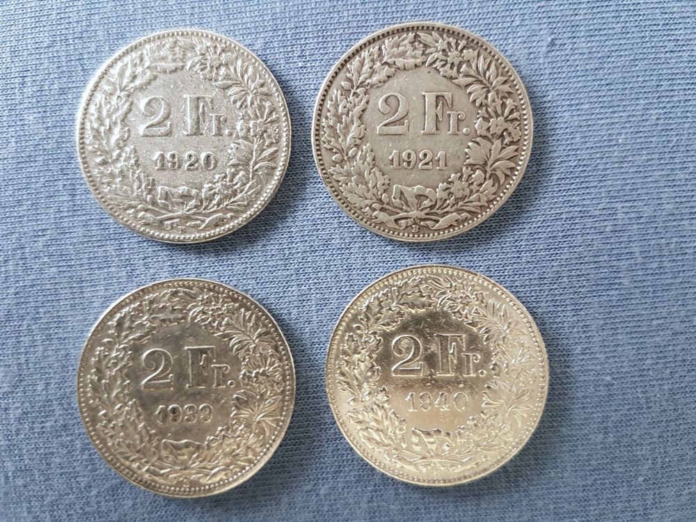 4 x 2 Fr Silbermünzen 1920-1921-1939-1940 ab nur 1 Franken ! (Gebraucht) in Camignolo für CHF 20 ...