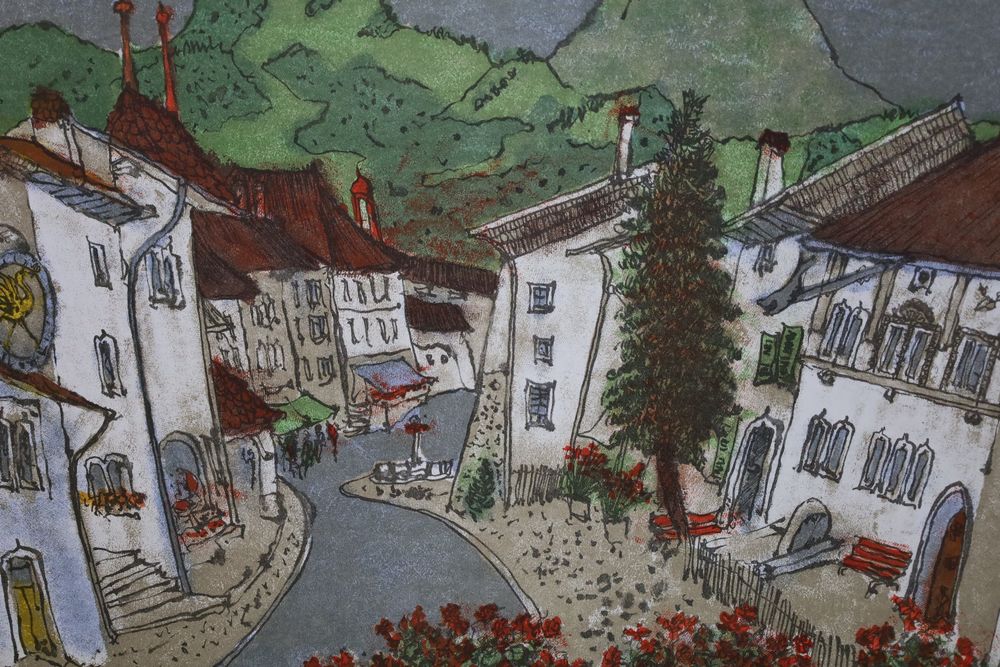 Marco Richterich 1929-1997, Lithographie "Städtchen Gruyère" (Gebraucht) in Zug für CHF 39 – mit ...