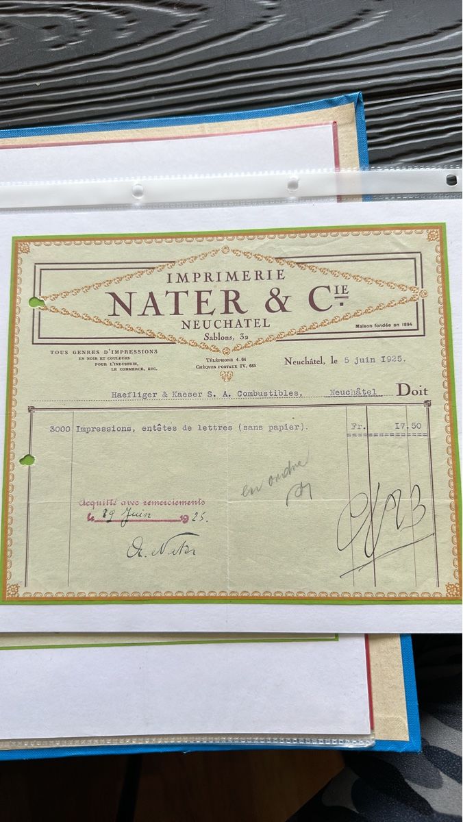 Facture Imprimerie Nater & Cie Neuchâtel 1925 rare (D'occasion) à ...