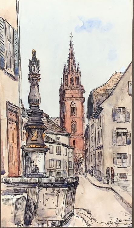 Schönes Aquarell, signiert, Blick aufs Basler Münster. | Kaufen auf Ricardo