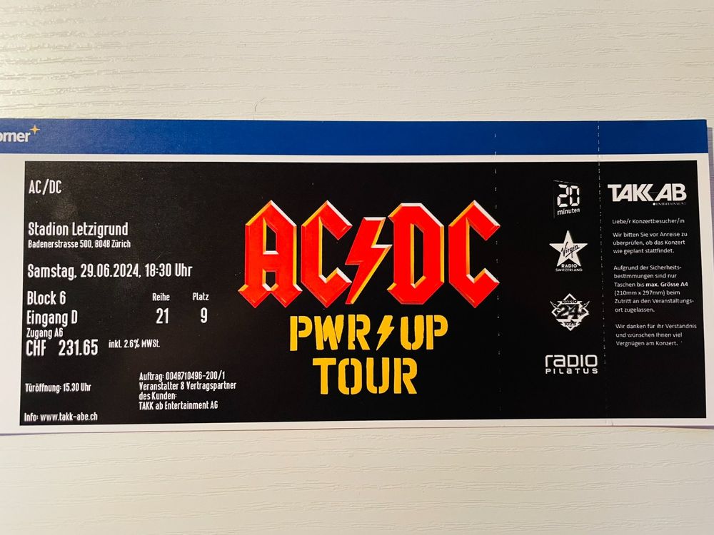 AC/DC Sitzplatz Ticket Zürich 29.06.2024 (Neu und originalverpackt) in ...