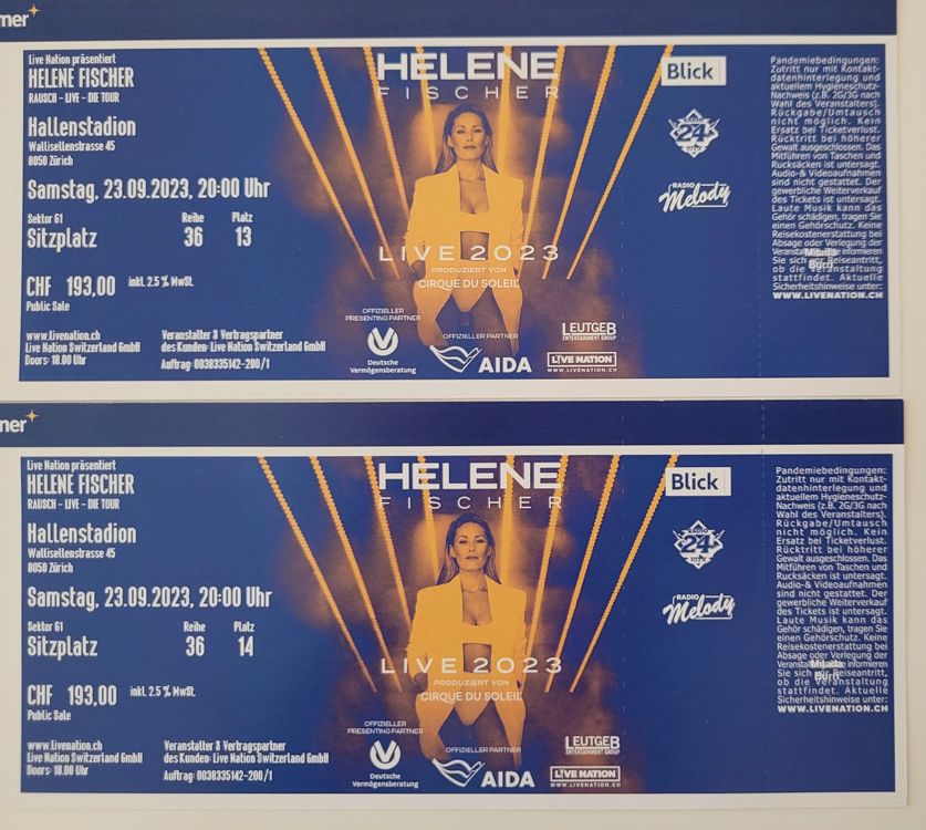 HELENE FISCHER 2 Tickets 23.09. 2023 SITZPLATZ | Kaufen auf Ricardo