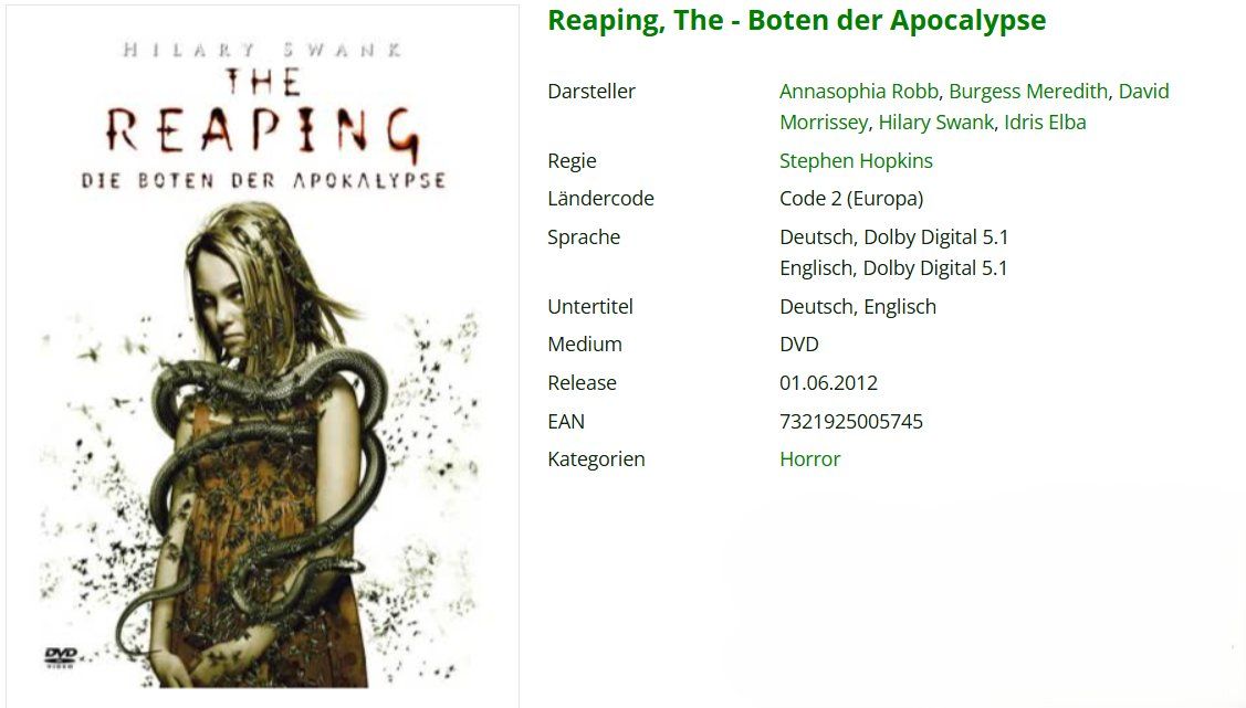 Reaping, The - Boten der Apocalypse *DVD* (Gebraucht) in Urdorf für CHF ...