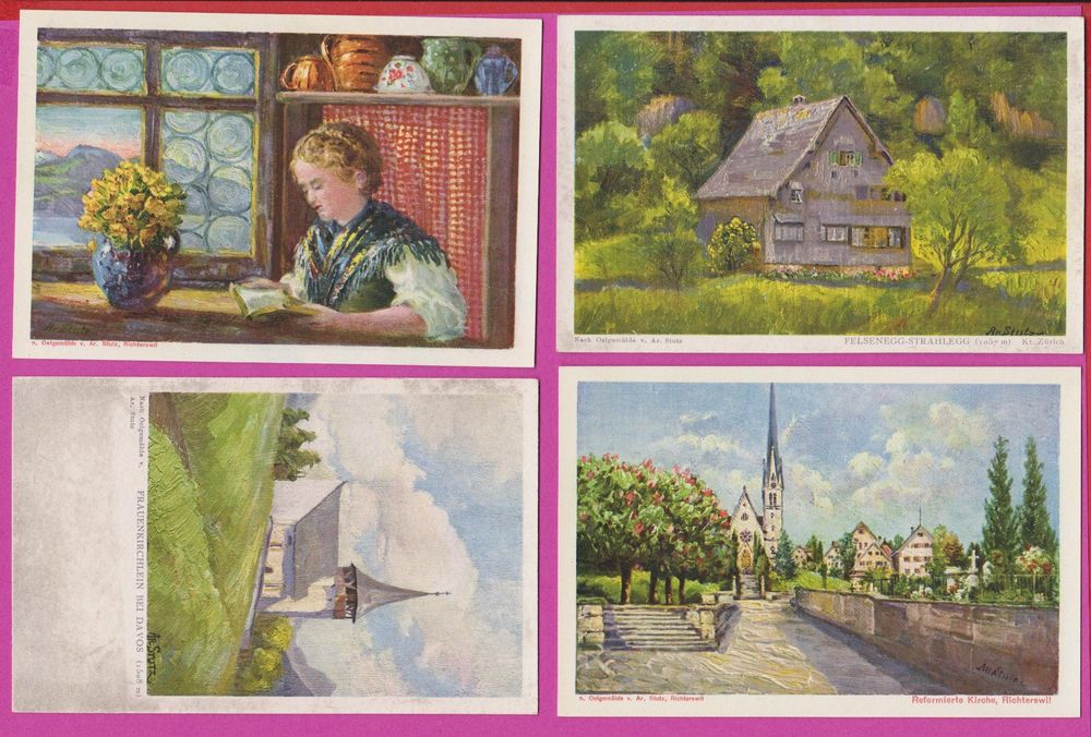 8 alte Künstler-AK's nach Oelgemälde Ar. Stutz, Richterswil (Gebraucht ...