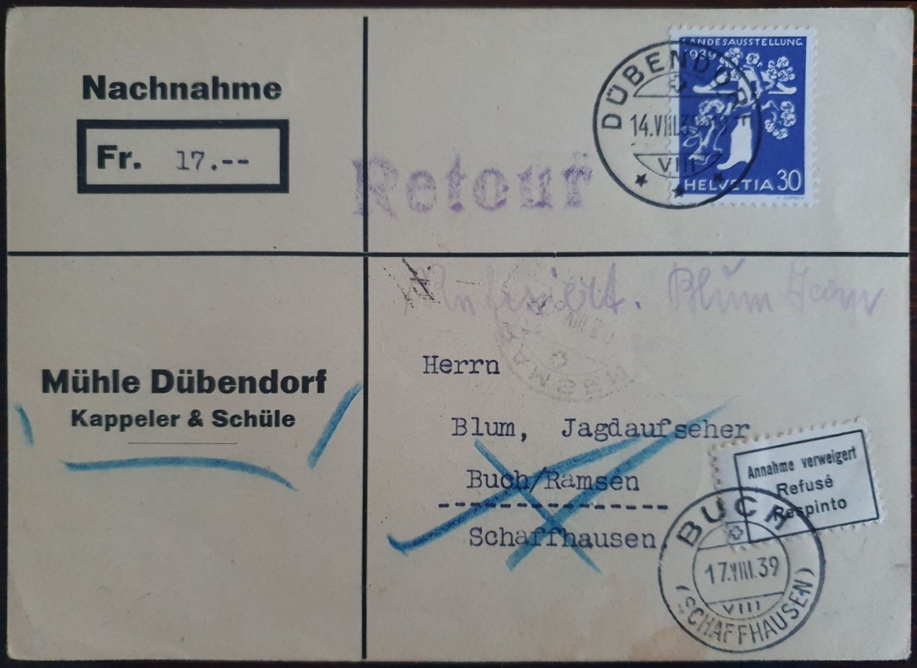 Nachnahme von Dübendorf nach Buch / Ramsen, Refusé (Gebraucht) in ...