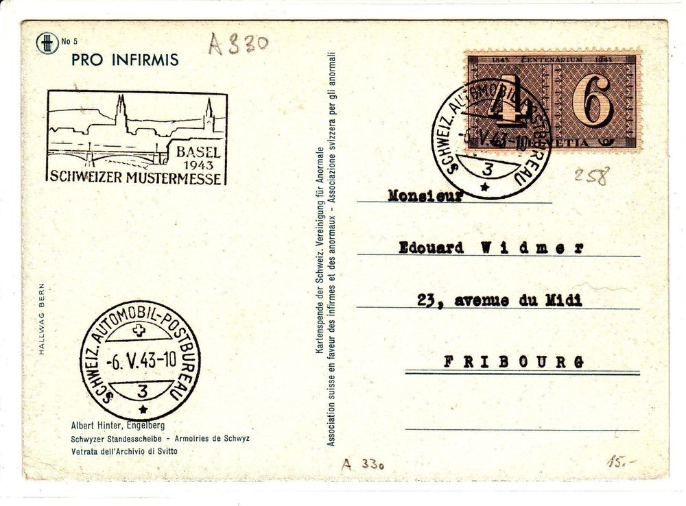 AK Pro Infirmis 1943 mit Musteresse Basel Flagge 6.V.1943 (Gebraucht) in Binningen für CHF 2.7 ...