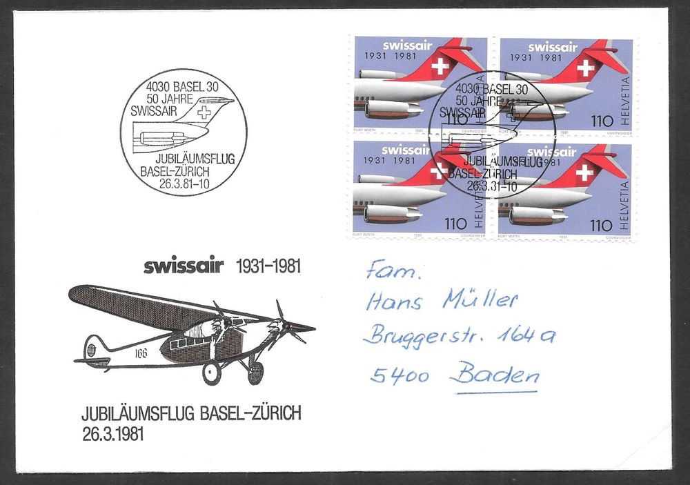 Jubiläumsflug 50 Jahre Swissair Basel - Zürich 26.3.1981 (Neu (gemäss Beschreibung)) in Olten ...