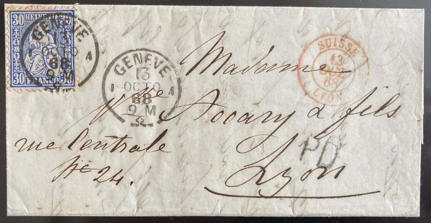 1868, Faltbrief von Geneve nach Lyon (F) mit No. 41 (Gebraucht) in ...