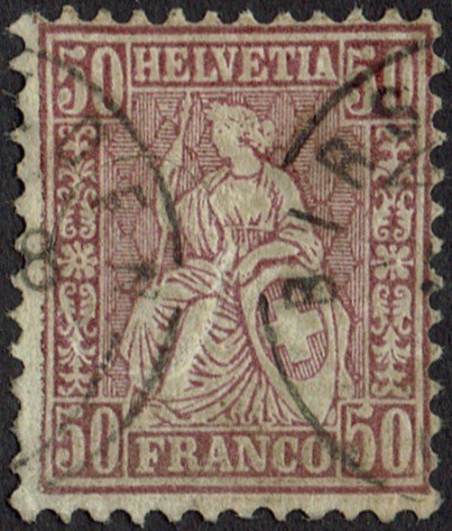 Schweiz sitzende Helvetia w. Papier 1867 50 Rp, Birsfelden (Gebraucht) in Kriens für CHF 3 – mit ...