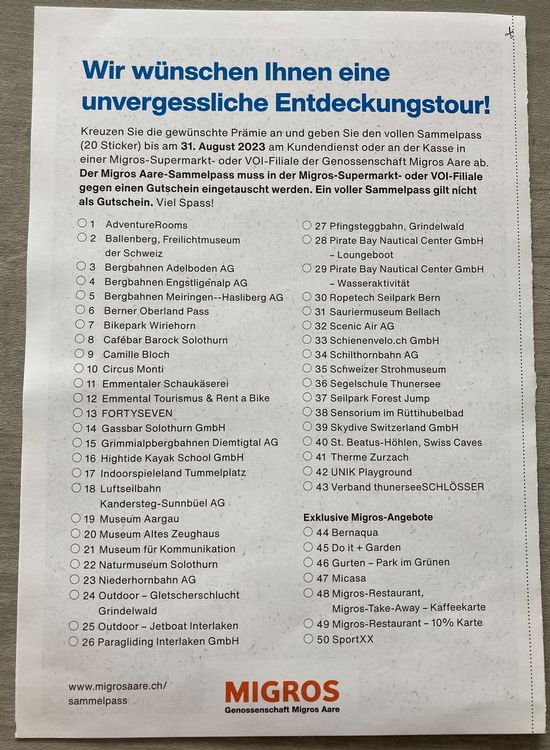 Migros Aare Sammelspass 1 VOLLE KARTE (Neu (gemäss Beschreibung)) in Niederönz für CHF 4 – mit ...