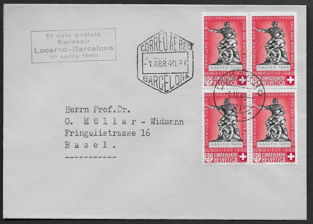 1940 Brief Locarno-Barcelona Viererblock B5c helrot ab 1.- (Gebraucht) in Zürich für CHF 36 ...