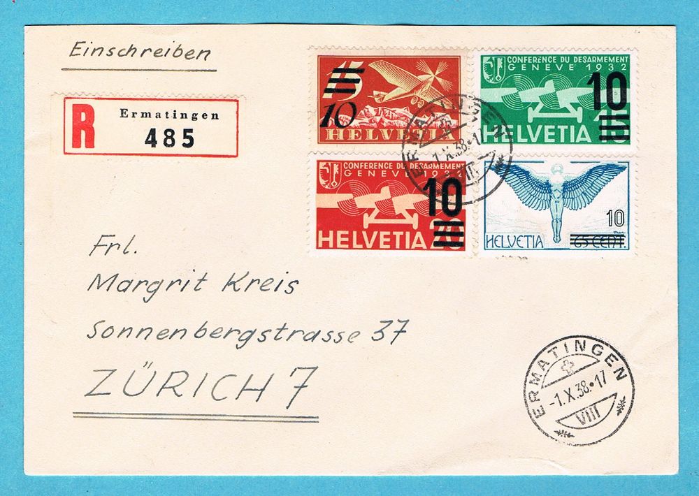 R-Brief ERMATINGEN 1.X.38 mit Flugpost-Marken u.a.F19a od.b! (Gebraucht) in Seedorf für CHF 1 ...
