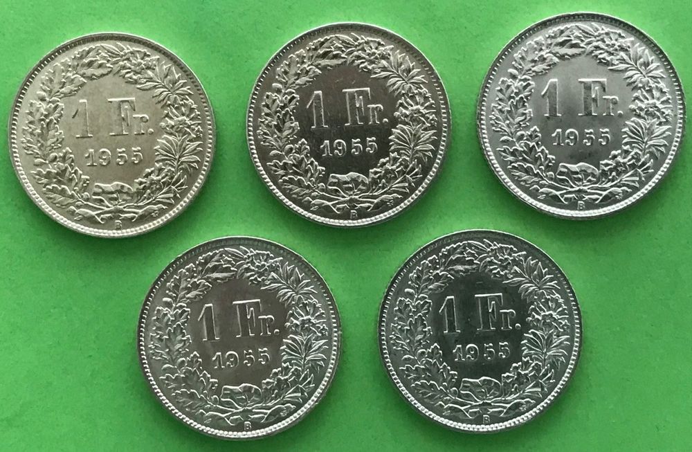 5 schöne Schweizer Silber 1 Franken-Münzen alle von 1955 (Gebraucht) in Zuerich für CHF 114 ...