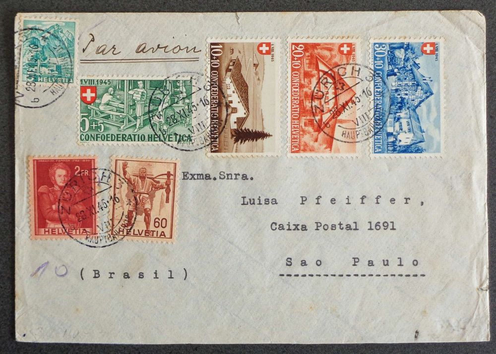 Pro Patria 1945: Luftpostbrief Zürich–São Paulo (Gebraucht) in Zürich für CHF 9.2 – mit ...