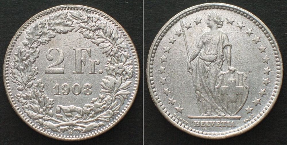 Schweiz EIDGENOSSENSCHAFT 2 Franken 1908 Silber ERHALTUNG vz | Kaufen auf Ricardo