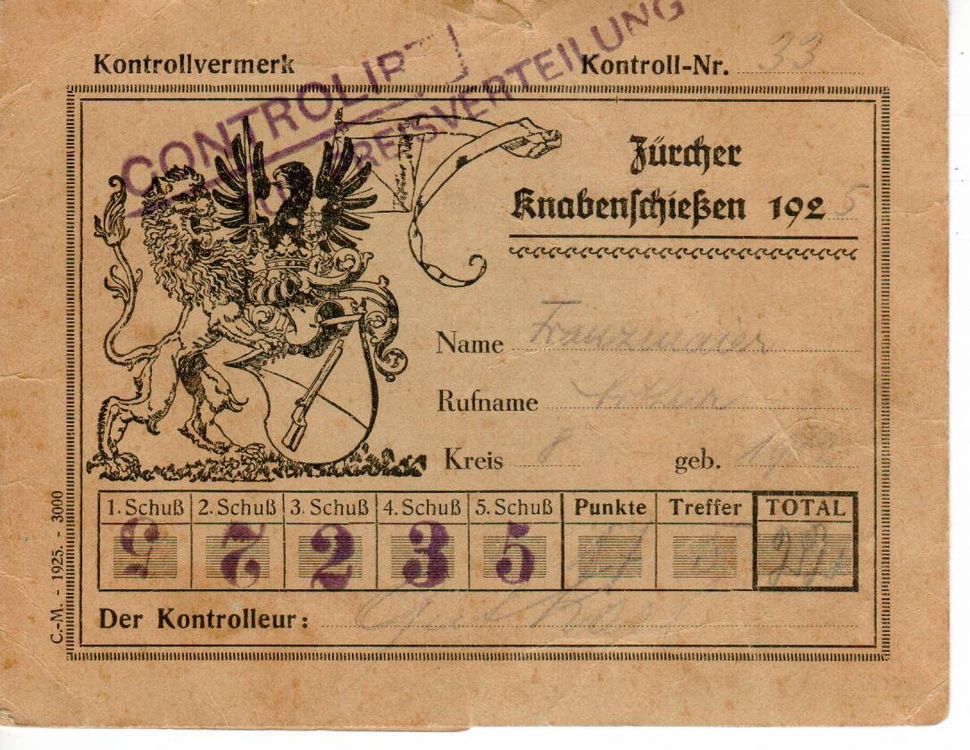 Zürcher Knabenschiessen 1925 Kontrollkarte | Kaufen auf Ricardo