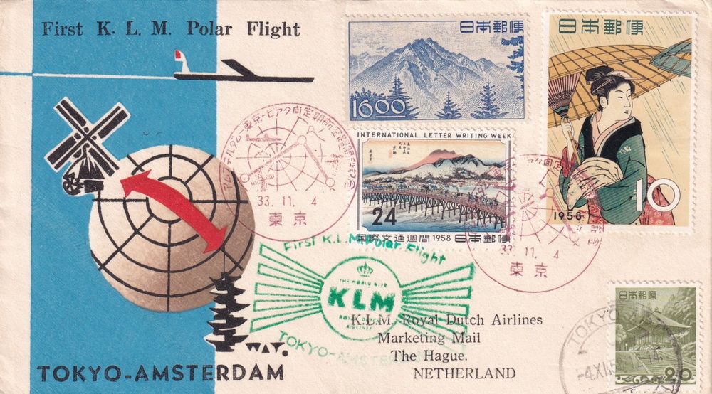Japon 1958, first K.L.M. Polar Flight de Tokyo à Amsterdam (Gebraucht ...