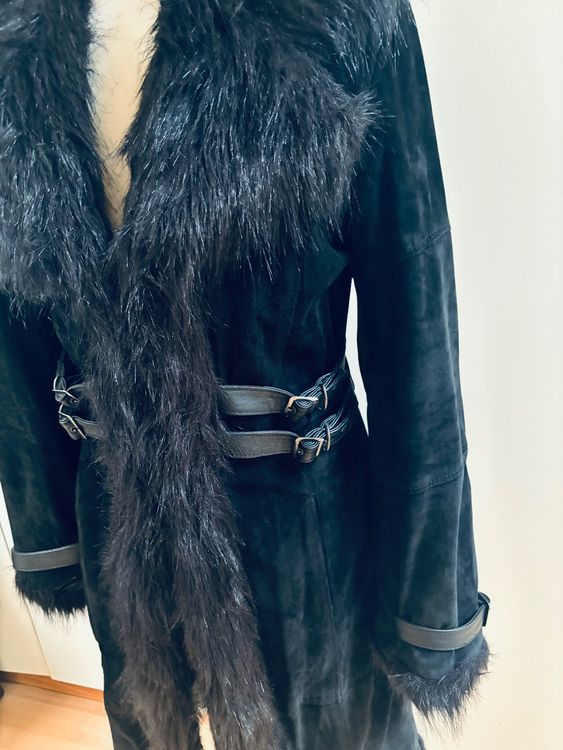 Morgan - Wildleder Mantel mit Kunstfell - schwarz - Gr. T1 (Gebraucht ...