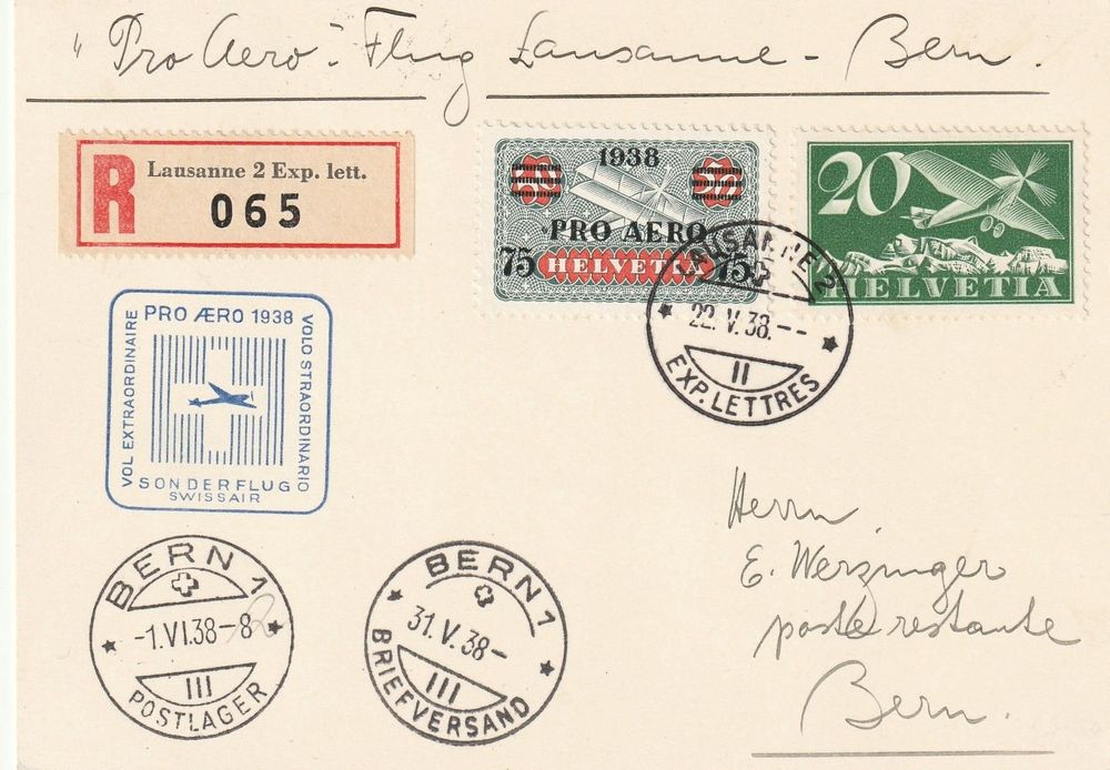 Pro Aero Sonderpostflug 1938, Etappe Lausanne-Bern auf Karte | Kaufen auf Ricardo