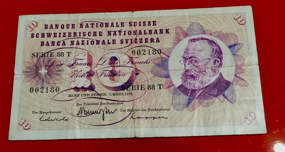 SCHWEIZ 10 Franken Note G. Keller 1973 gebr. + gefalten (Gebraucht) in ...