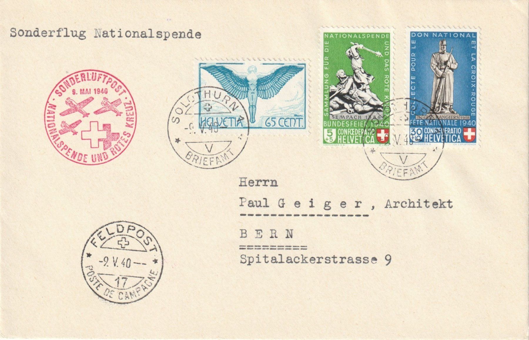 Rot Kreuz-Flug 1940, von Solothurn nach Feldpost 17, selten (Gebraucht ...