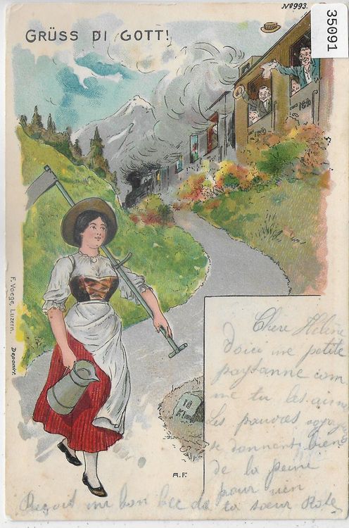 Grüss di Gott - Dampfzug Sensefrau Tracht Costume - Litho (Gebraucht ...