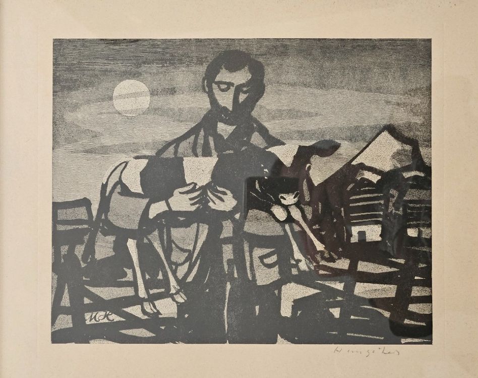 Max Hunziker oeuvre originale signée, un veau et un paysan (D'occasion ...