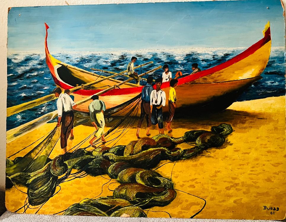 BUESS 61 - Vintage Ölgemälde auf Leinwand, Fischerbootszene (Gebraucht ...