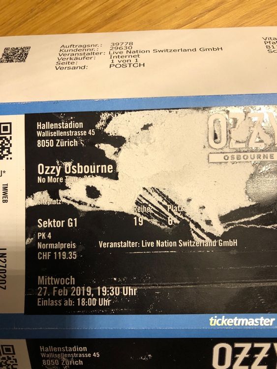 Original Ozzy Osbourne Tickets für Hallenstadion 2023 Tour (Gebraucht ...