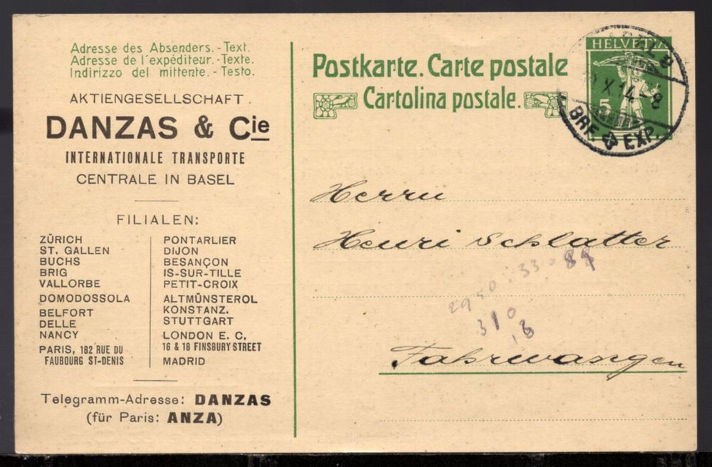 BASEL, 20.X.14 mit Zudruck DANZAS & Cie | Kaufen auf Ricardo