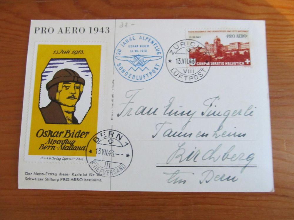 "PRO AERO"-FLUGPOST v.1943 n.Bern,mit OSKAR BIDER-Vignette (Gebraucht) in Emmenbrücke für CHF 12 ...
