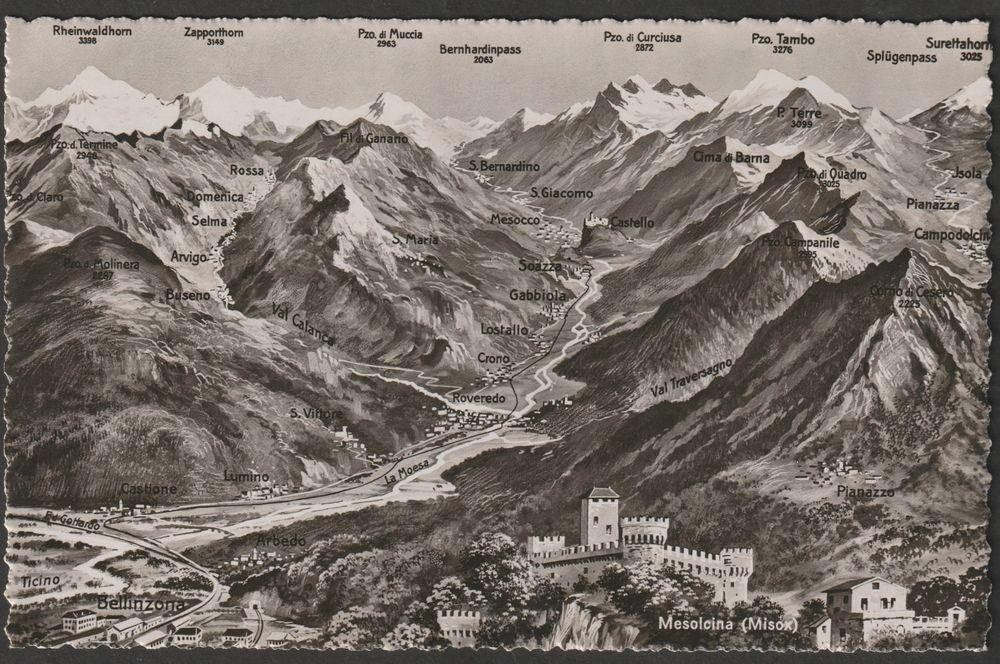 AK VS: ungel., 1939, Vogelschau BELLINZONA - Misox, Alpen (Gebraucht ...