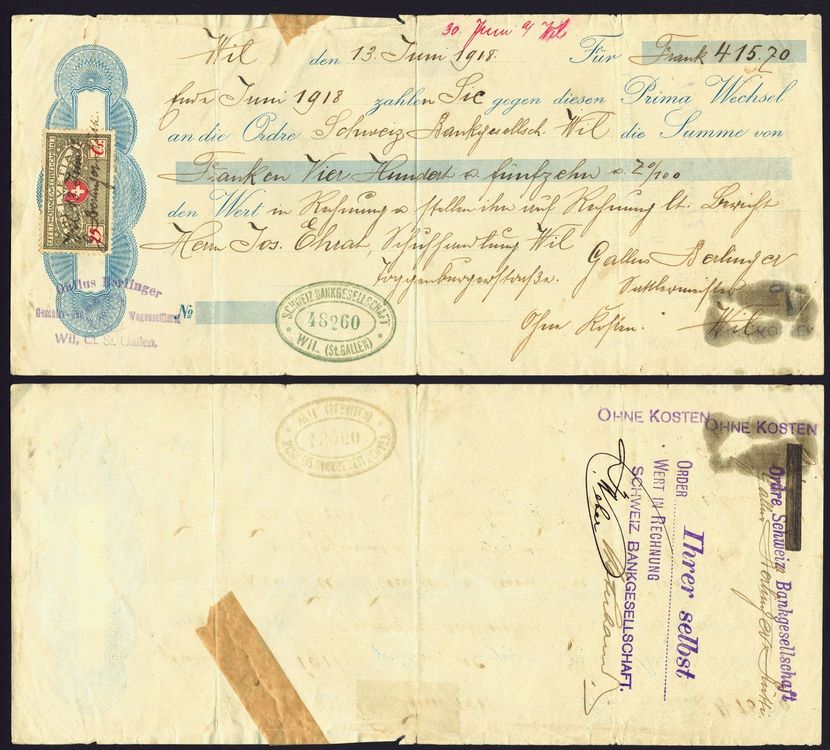 Prima Wechsel der SBG Wil von 1918 (Gebraucht) in Basel für CHF 1 – mit Lieferung auf Ricardo kaufen