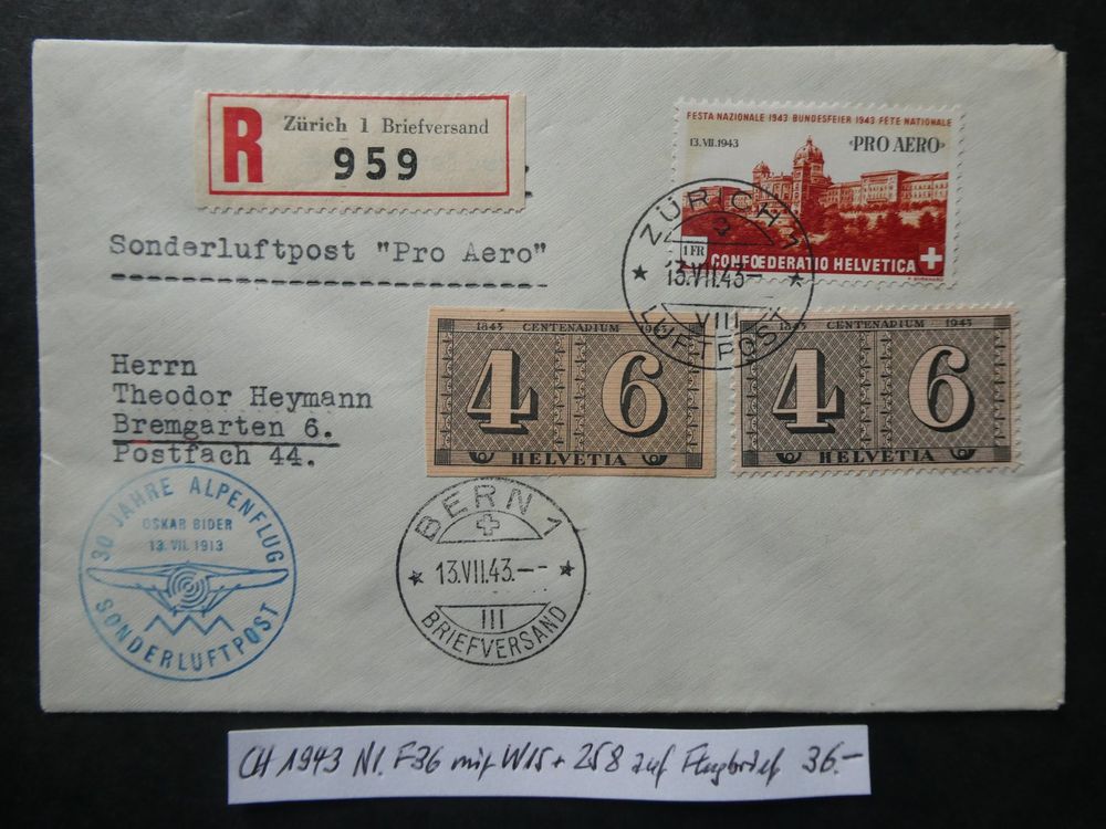 CH 1943 Nr. F36, W15 und 258 auf tollem Flugpostbrief | Kaufen auf Ricardo