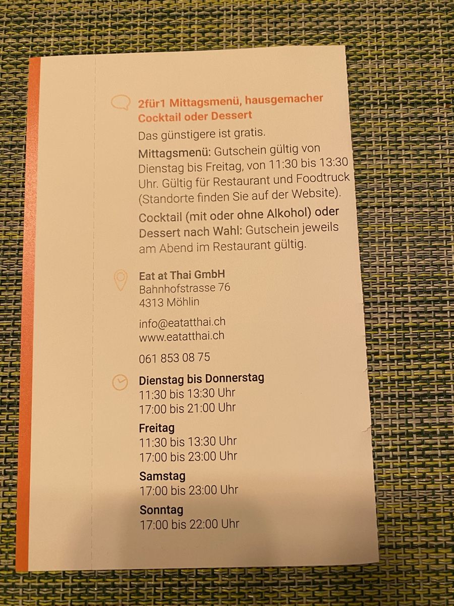2:1 Gutschein Mittagsmenü Eat at Thai in Möhlin (Neu (gemäss Beschreibung)) in Liestal für CHF 1 ...