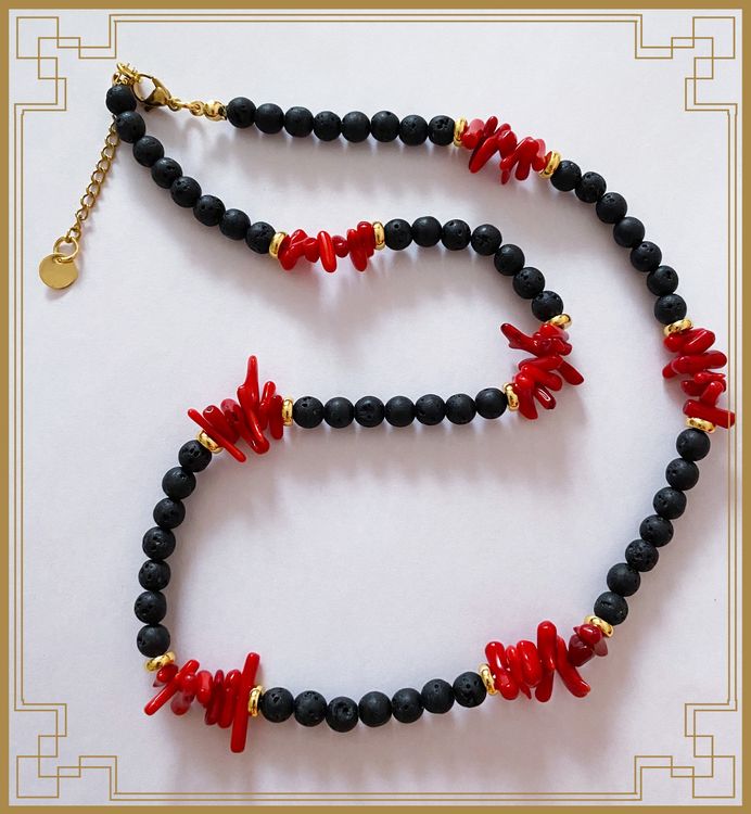 SALE! KETTE STEINKETTE EDELSTEINKETTE ECHTE LAVA UND KORALLE (Neu und ...