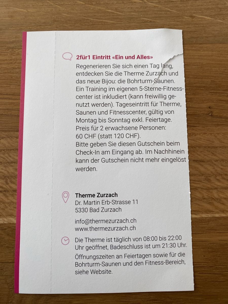 2:1 Gutschein Therme Zurzach gültig bis am 30.11.25 (Neu und ...