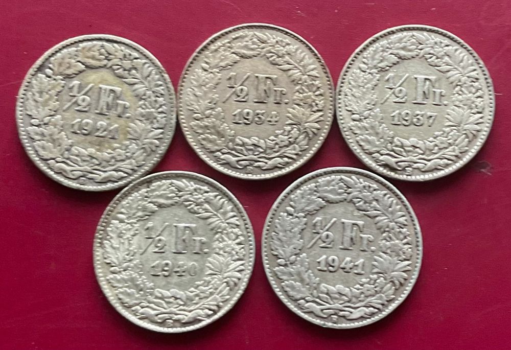 5 Silbermünzen 1/2 Fr. Jahrgänge 1921,1934, 1937, 1940, 1941 | Kaufen auf Ricardo