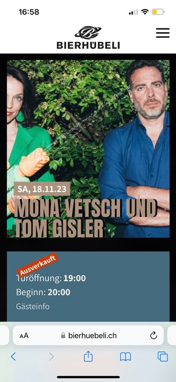Tickets mona vetsch und tom gisler 18.11 bierhübeli (Gebraucht) in ...