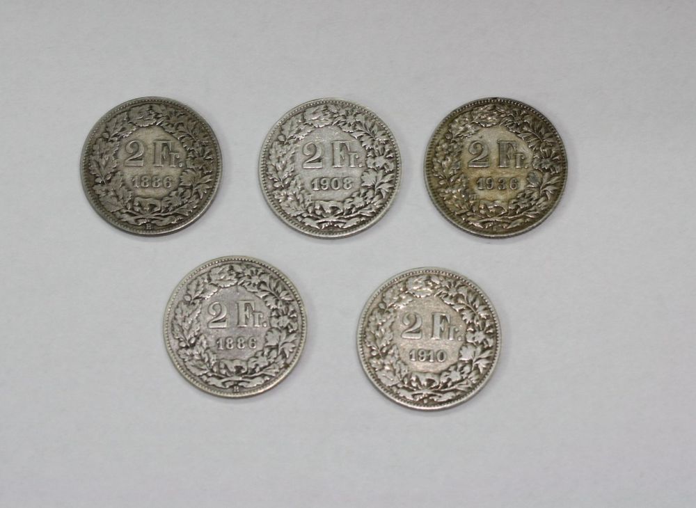 5 x 2 Franken 2 x 1886, 1908, 1910 & 1936 (Neu (gemäss Beschreibung ...