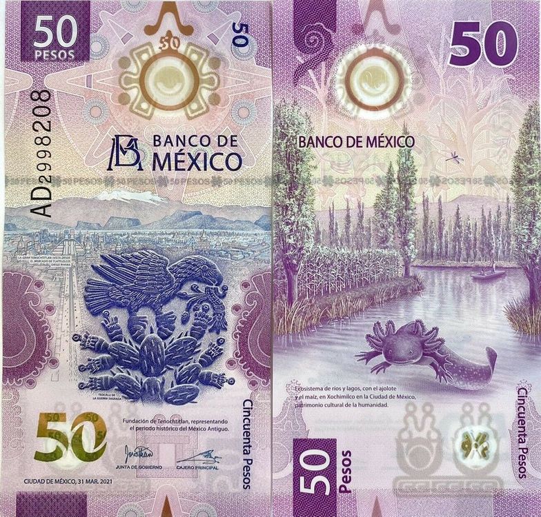 Mexico 50 Pesos 2021 Polymer P-NEW Design Axolotl UNZ (Neu (gemäss ...